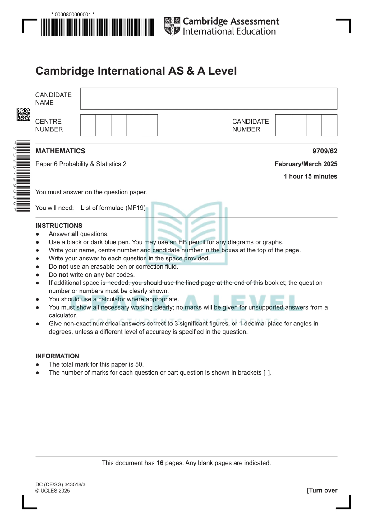 Cambridge International A Level Mathematics 9709/42 Mechanics Mark ...