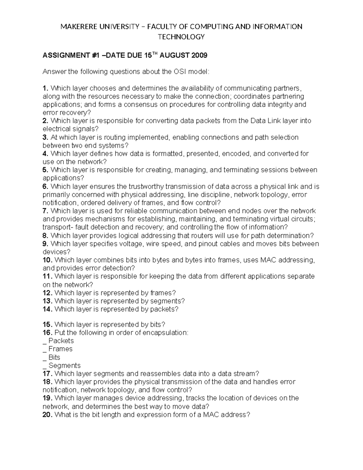CIT 101: OSI Model Assignment - Due 15th August 2009 - Studocu