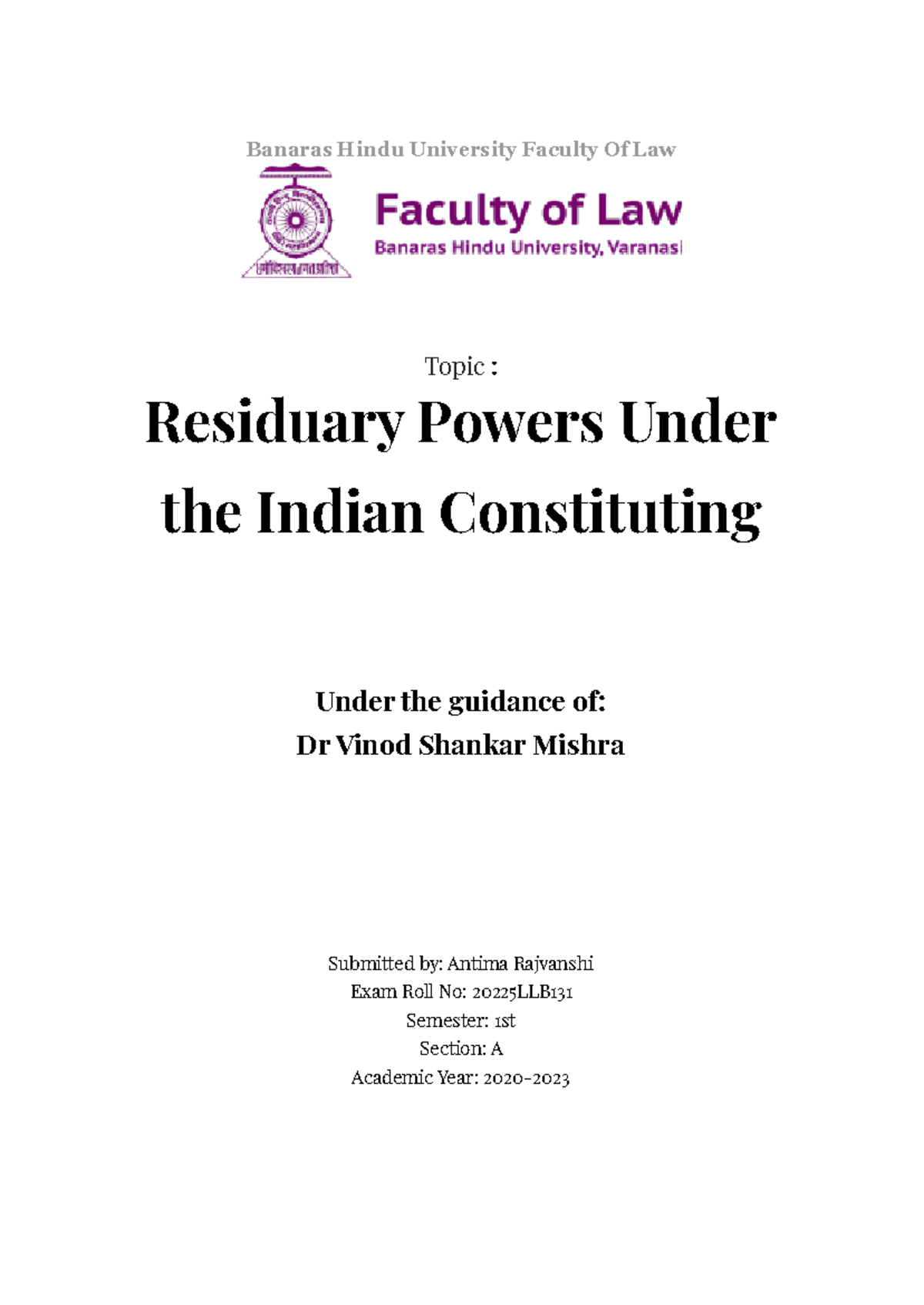 Residuary Powers in the Indian Constitution - 20225LLB First Semester ...