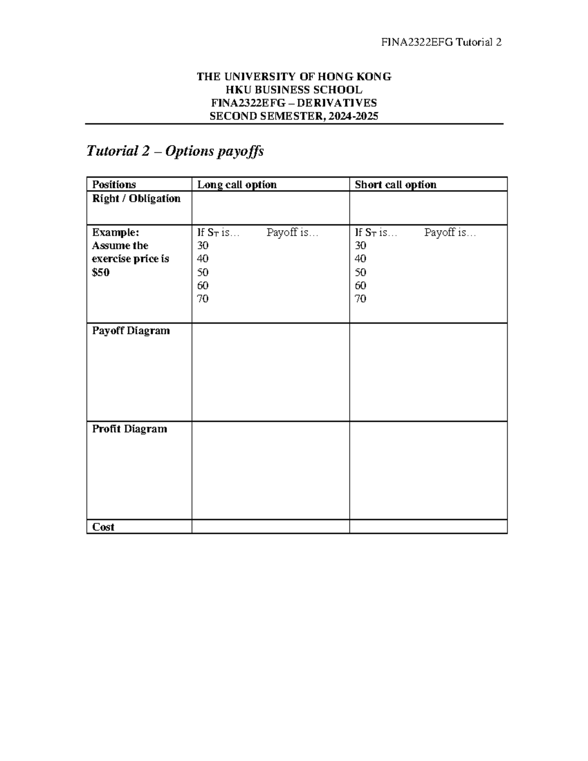 FINA2322 Tutorial 2 - Options Payoff Analysis and Exercises - Studocu