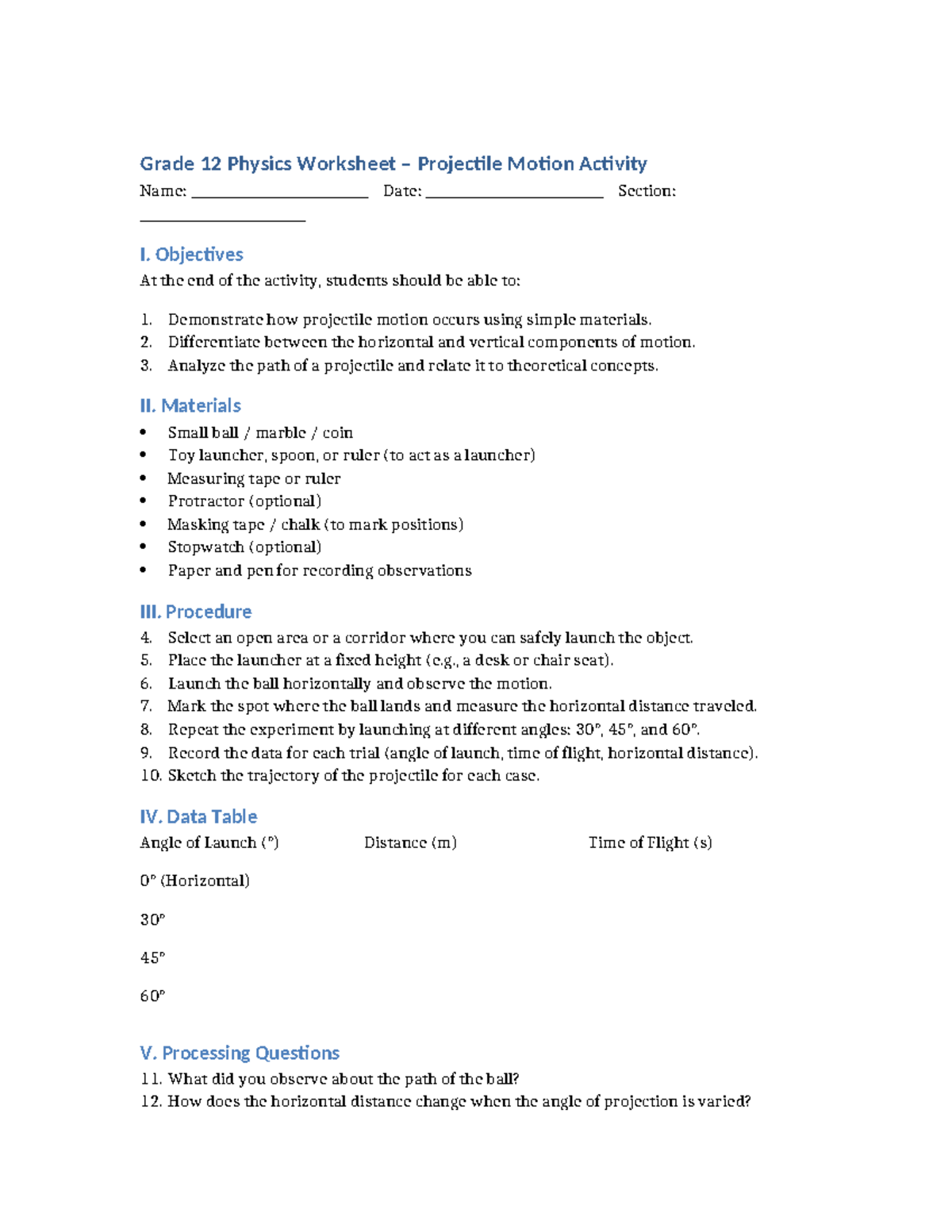 Grade 12 Physics: Projectile Motion Worksheet Activity - Studocu