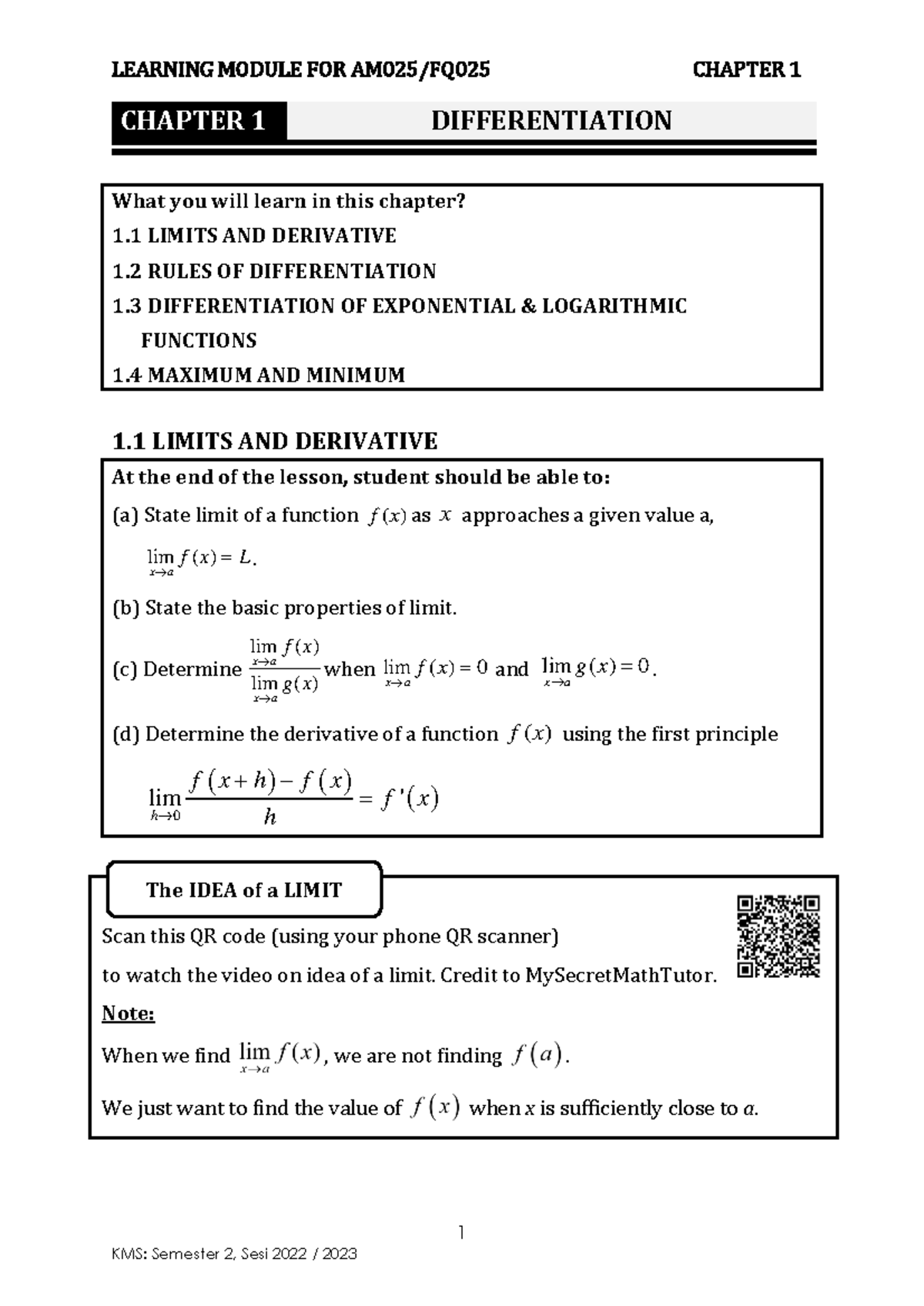 NEW Module (Volume 1) - Chapter 1 Differentiation (New) 3-1-2023 - 1 ...