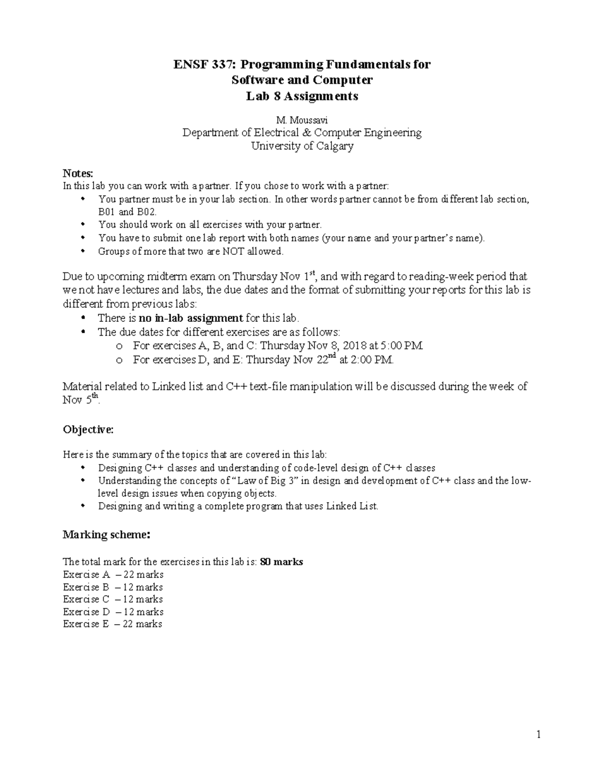 ENSF 337-lab8 - Fall 2018 - ENSF 337: Programming Fundamentals for Software and Computer Lab 8 ...