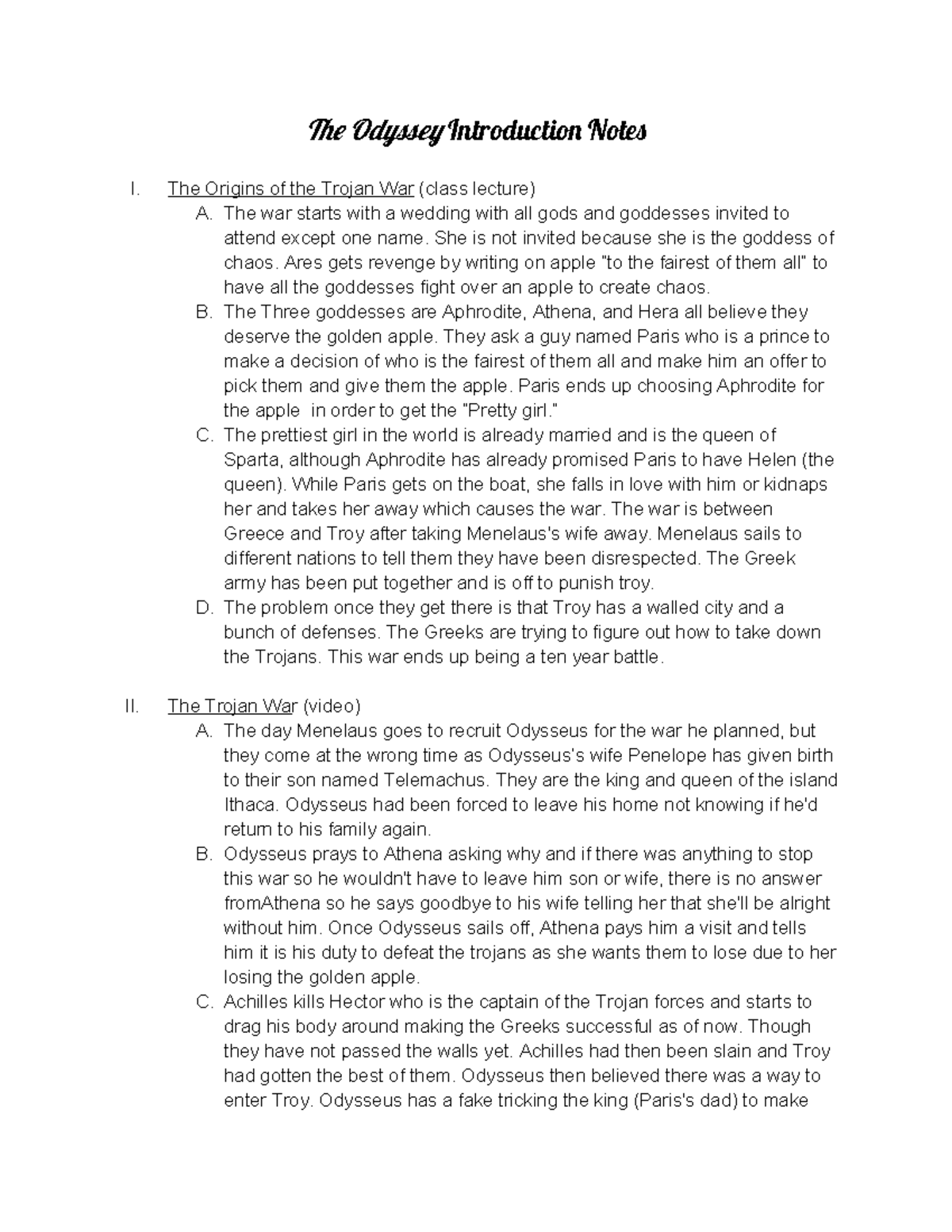 The Odyssey (ENG 101) Introduction Lecture Notes on the Trojan War ...