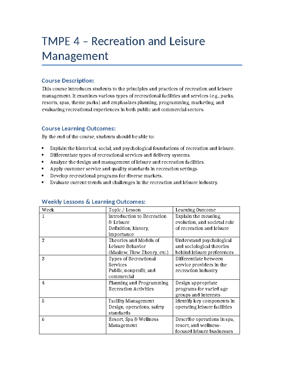 TMPE 4 Recreation & Leisure Management Course Syllabus - Studocu