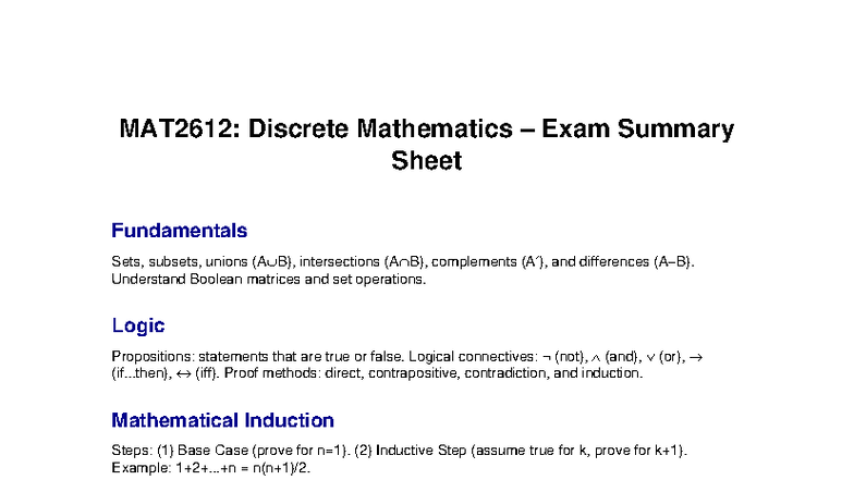 MAT2612: Discrete Mathematics Exam Summary & Key Concepts - Studocu