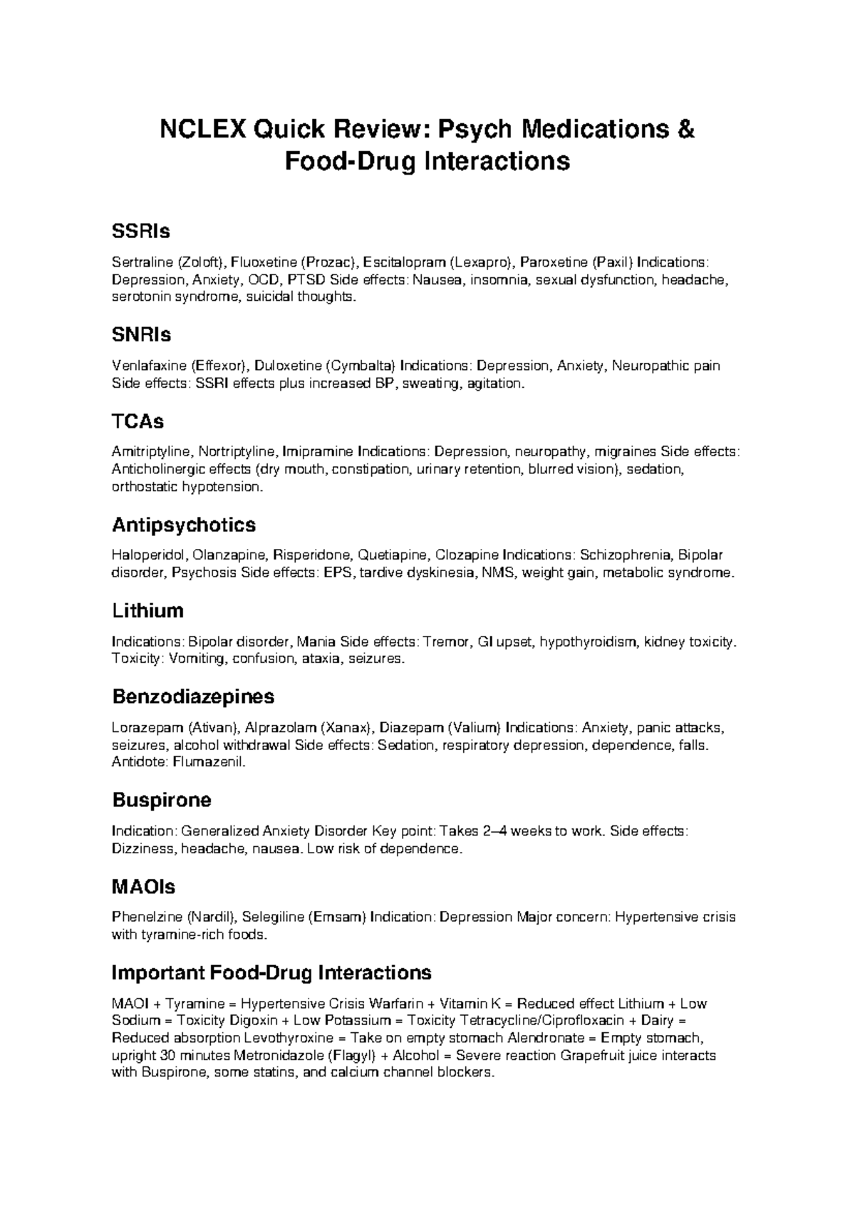 NUR257 Exam 2: Quick Review of Psych Meds & Food Interactions - Studocu