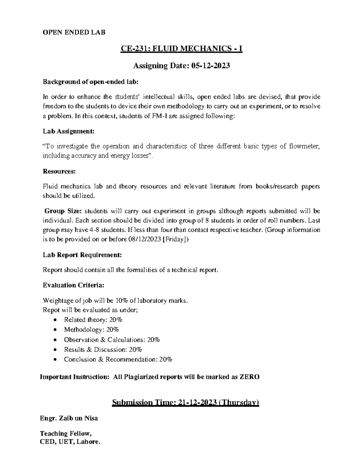 Open Ended Lab-FM Fall 2023 - OPEN ENDED LAB CE-231: FLUID MECHANICS ...