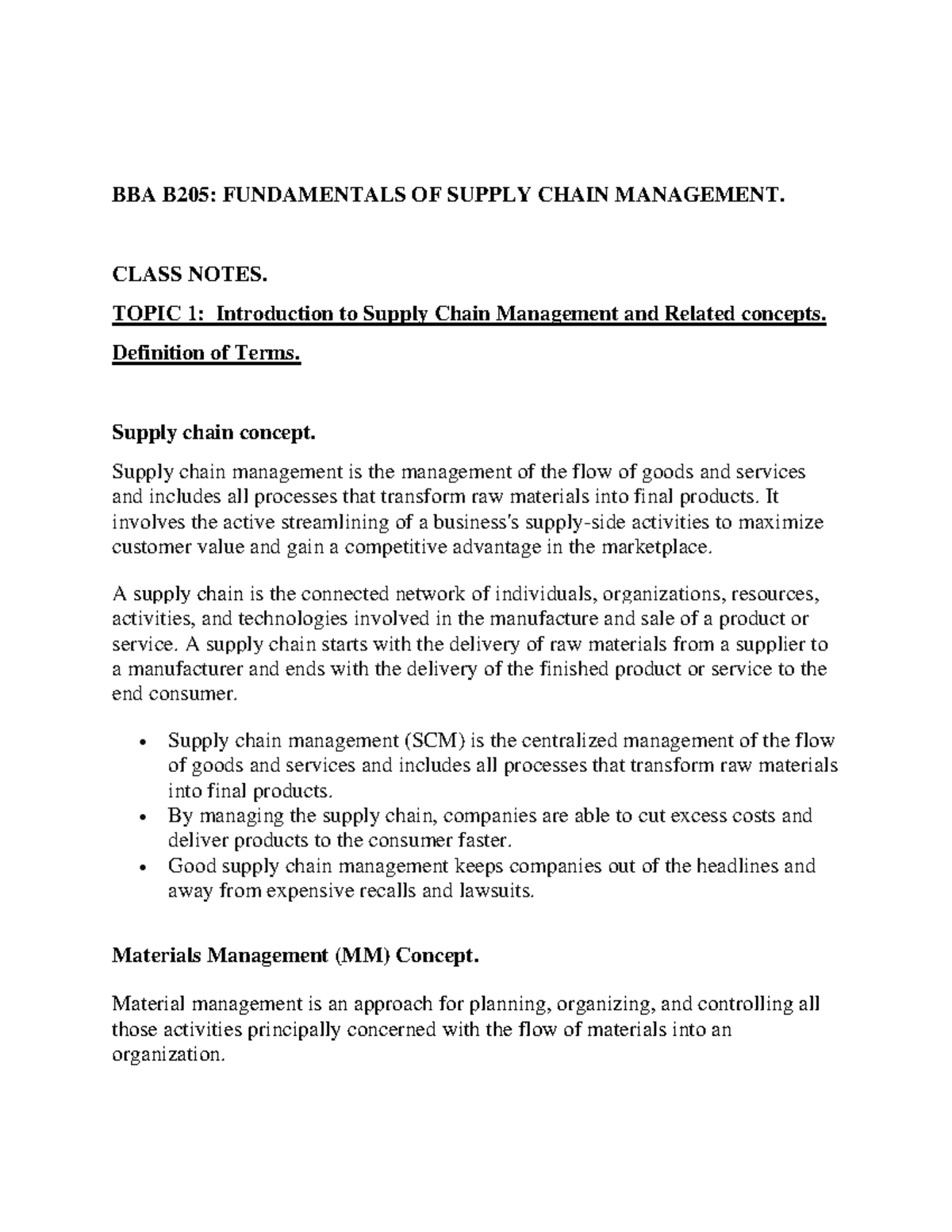 BBA B205: Supply Chain Management Class Notes Overview - Studocu