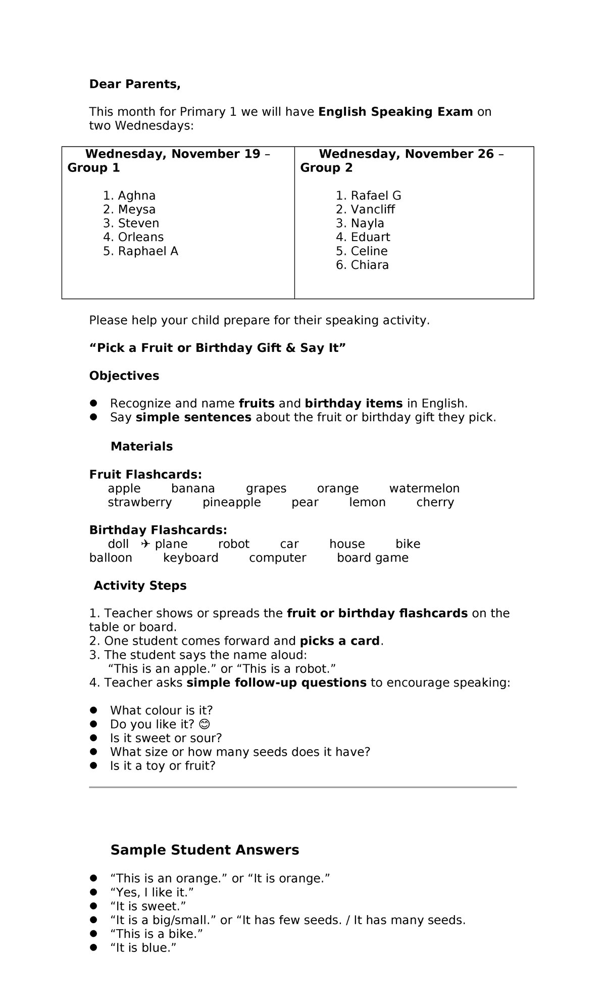 Primary 1 & 2 English Speaking Exam Details and Preparation Guide - Studocu