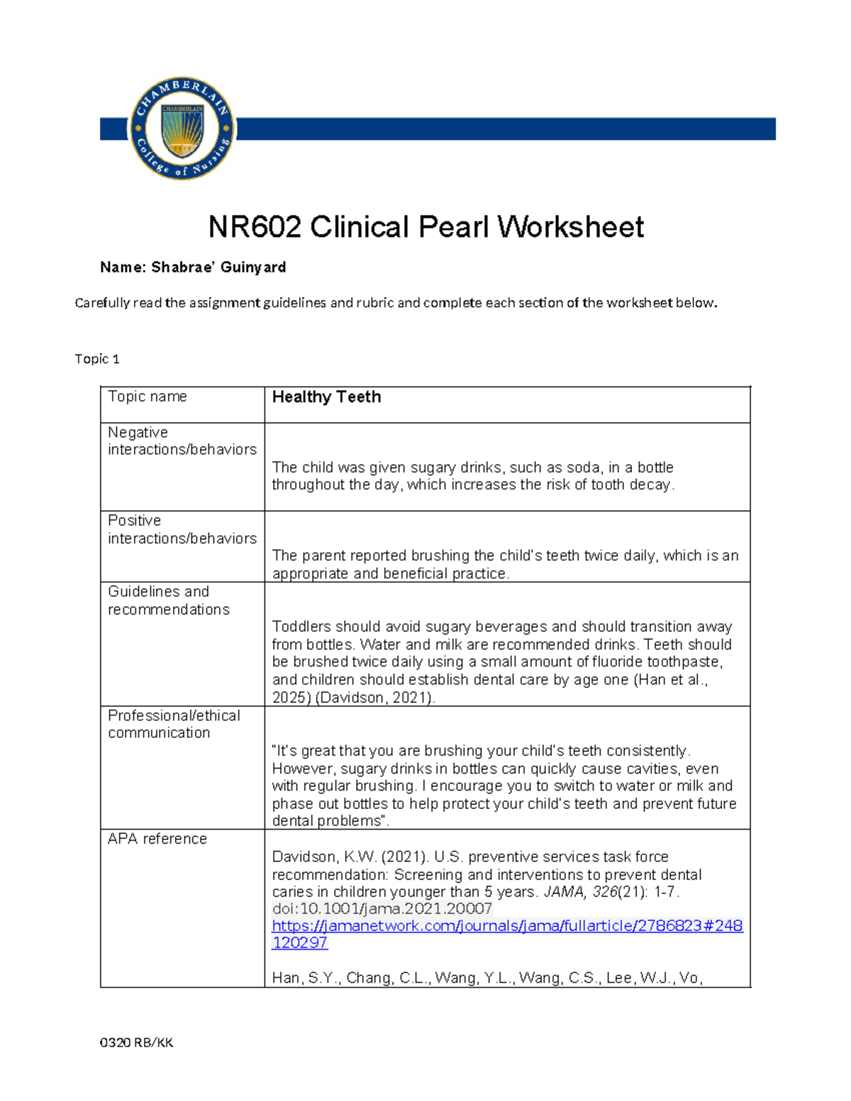 NR602 Clinical Pearl Worksheet: Pediatric Health Guidelines - Studocu