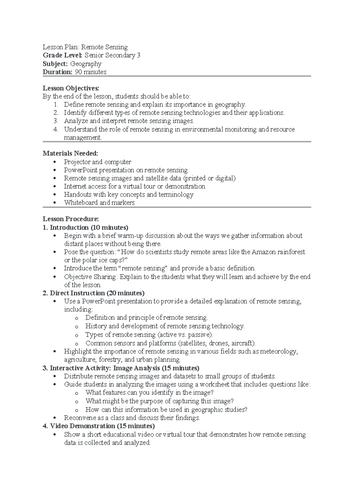 Geography Lesson Plan: Remote Sensing for Senior Secondary 3 - Studocu