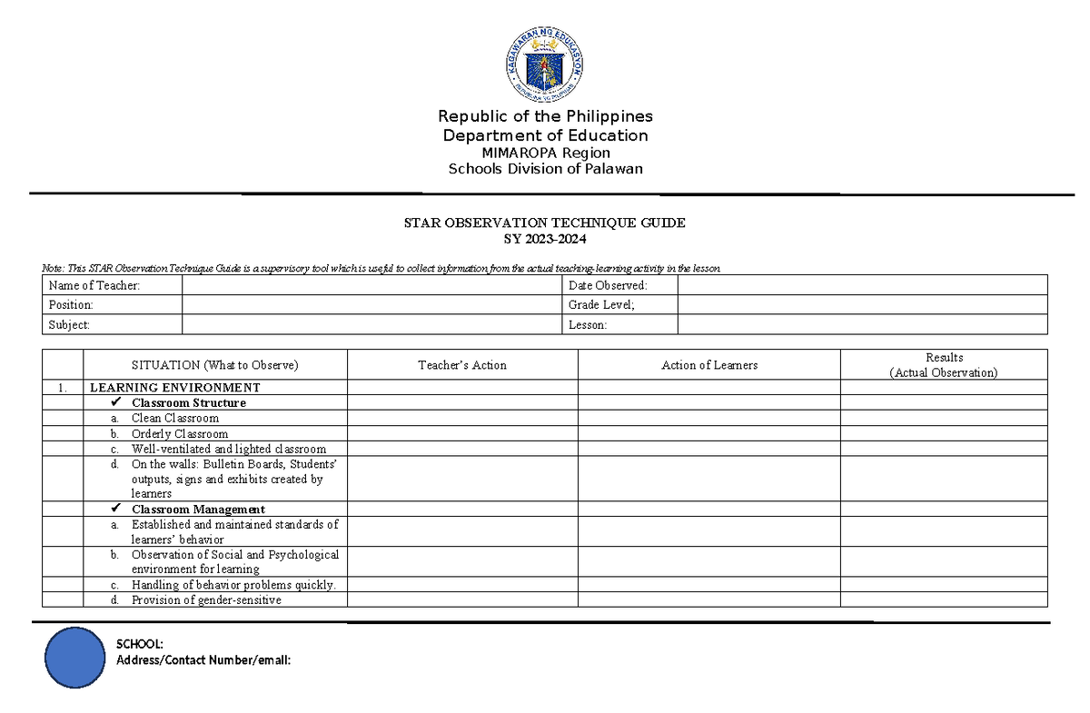 MIMAROPA Region STAR Observation Technique Guide SY 2023-2024 - Studocu