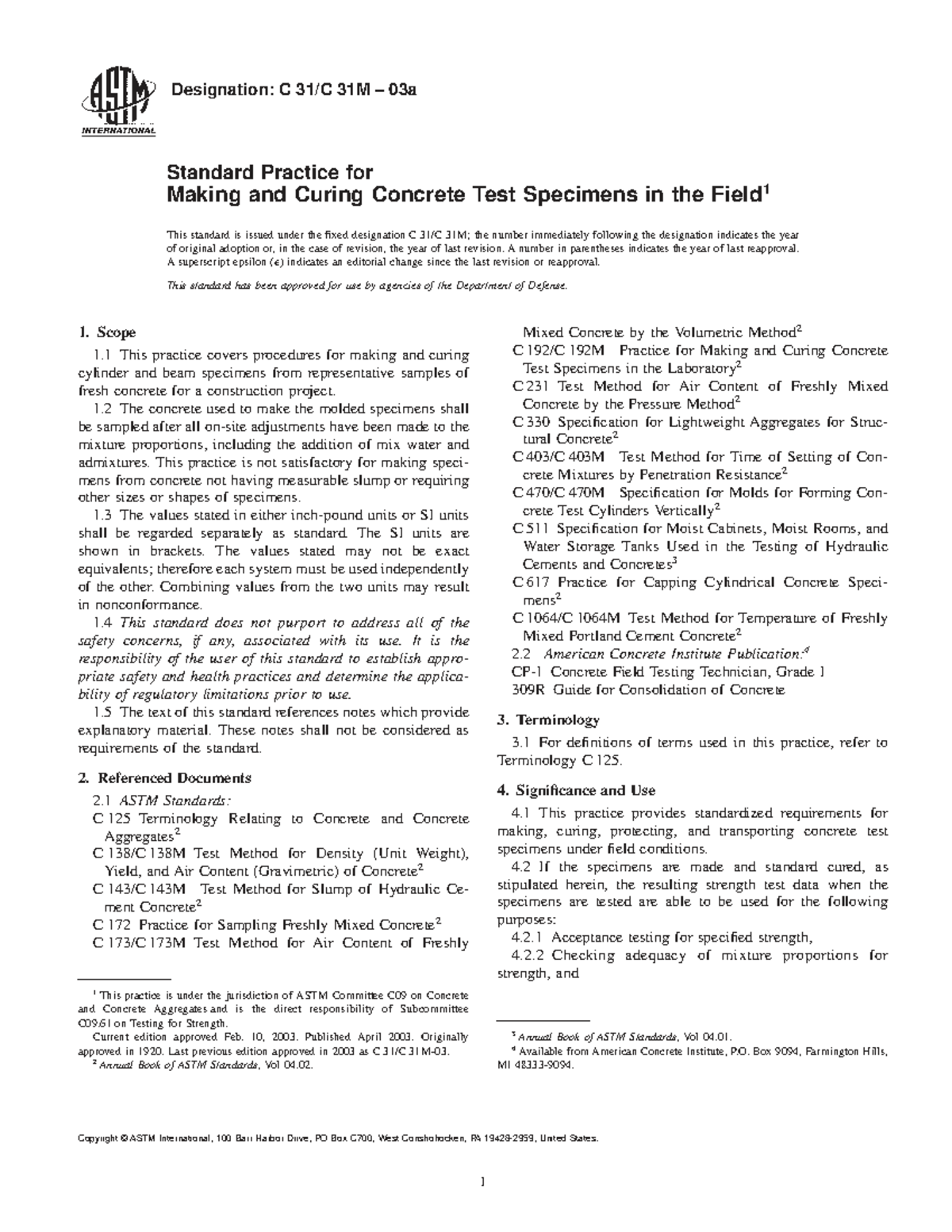 ASTM C 31M 03a Standard Practice for Concrete Test Specimens - Studocu