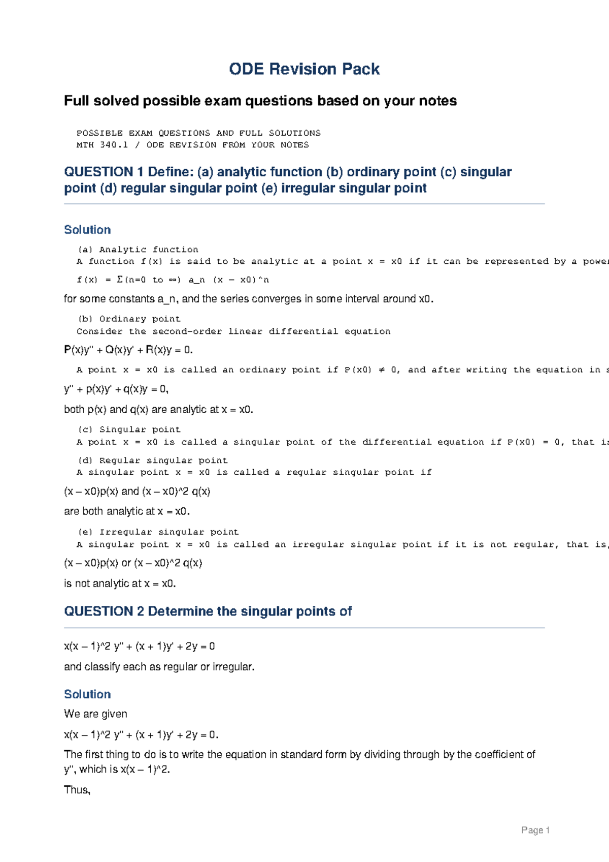 MTH 340.1 ODE Possible Exam Questions with Full Solutions - Studocu