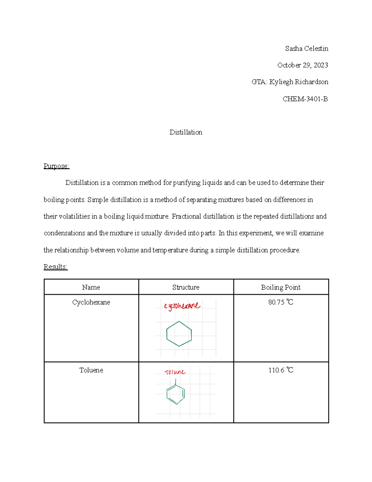 CHEM-3401-B Distillation Lab Report: Analyzing Boiling Points and ...