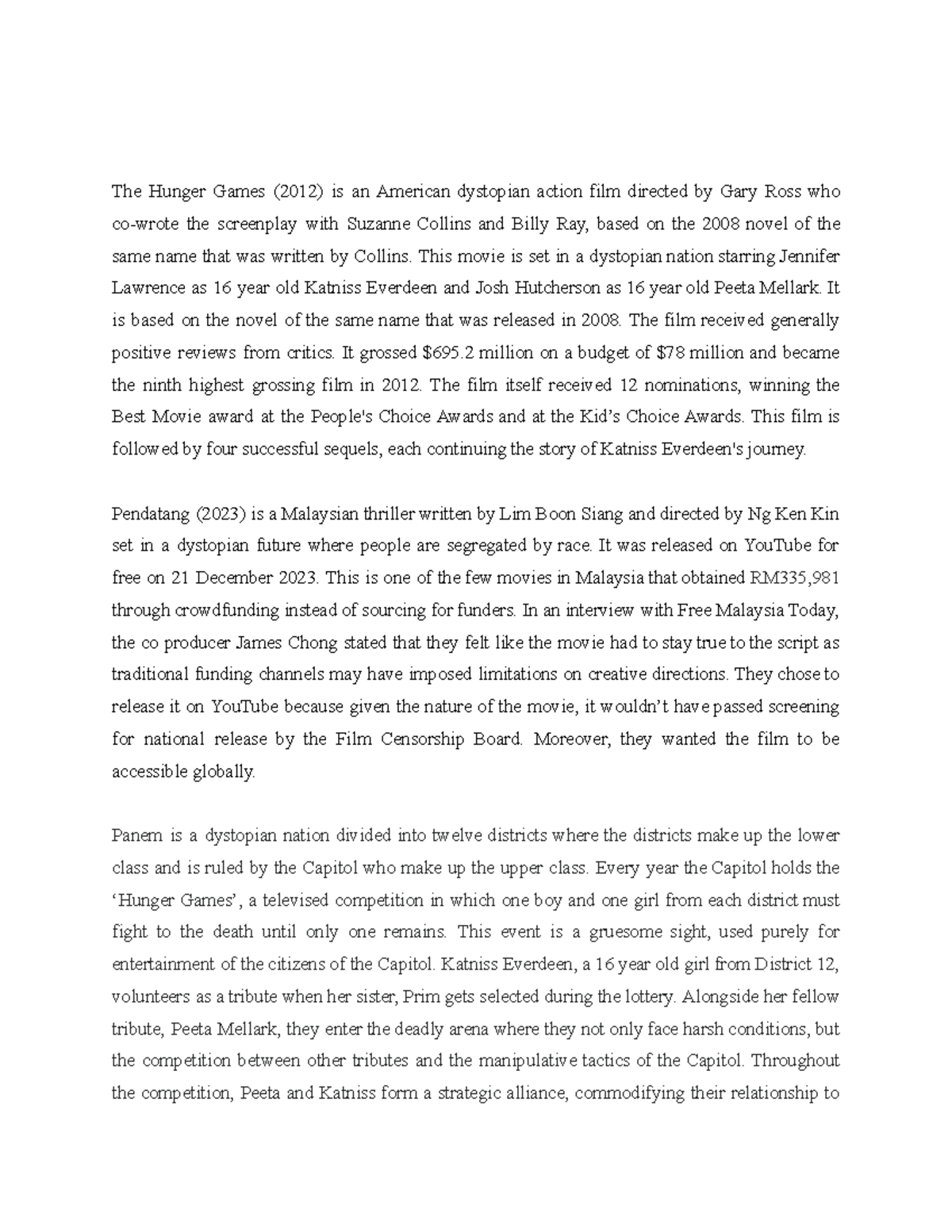 She course - essay - The Hunger Games (2012) is an American dystopian ...