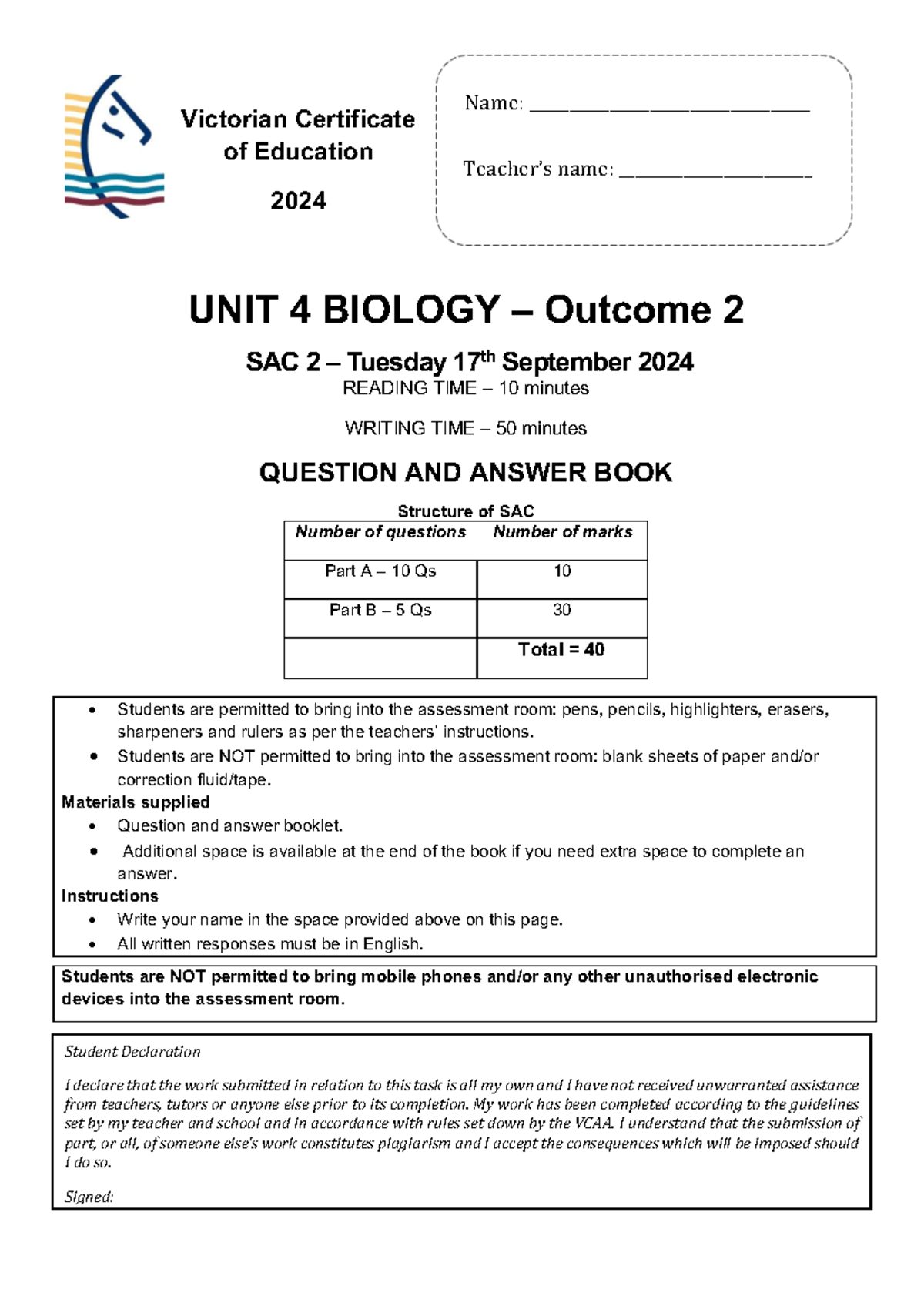 U4 O2 SAC 2024 - Biology Case Study Assessment Guide - Studocu