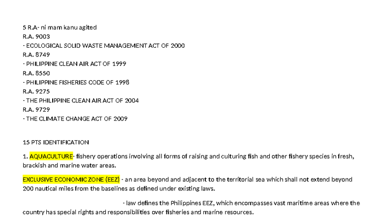 R.A. 9003, 8749, 8550, 9275, 9729: Ecological & Climate Laws Review ...