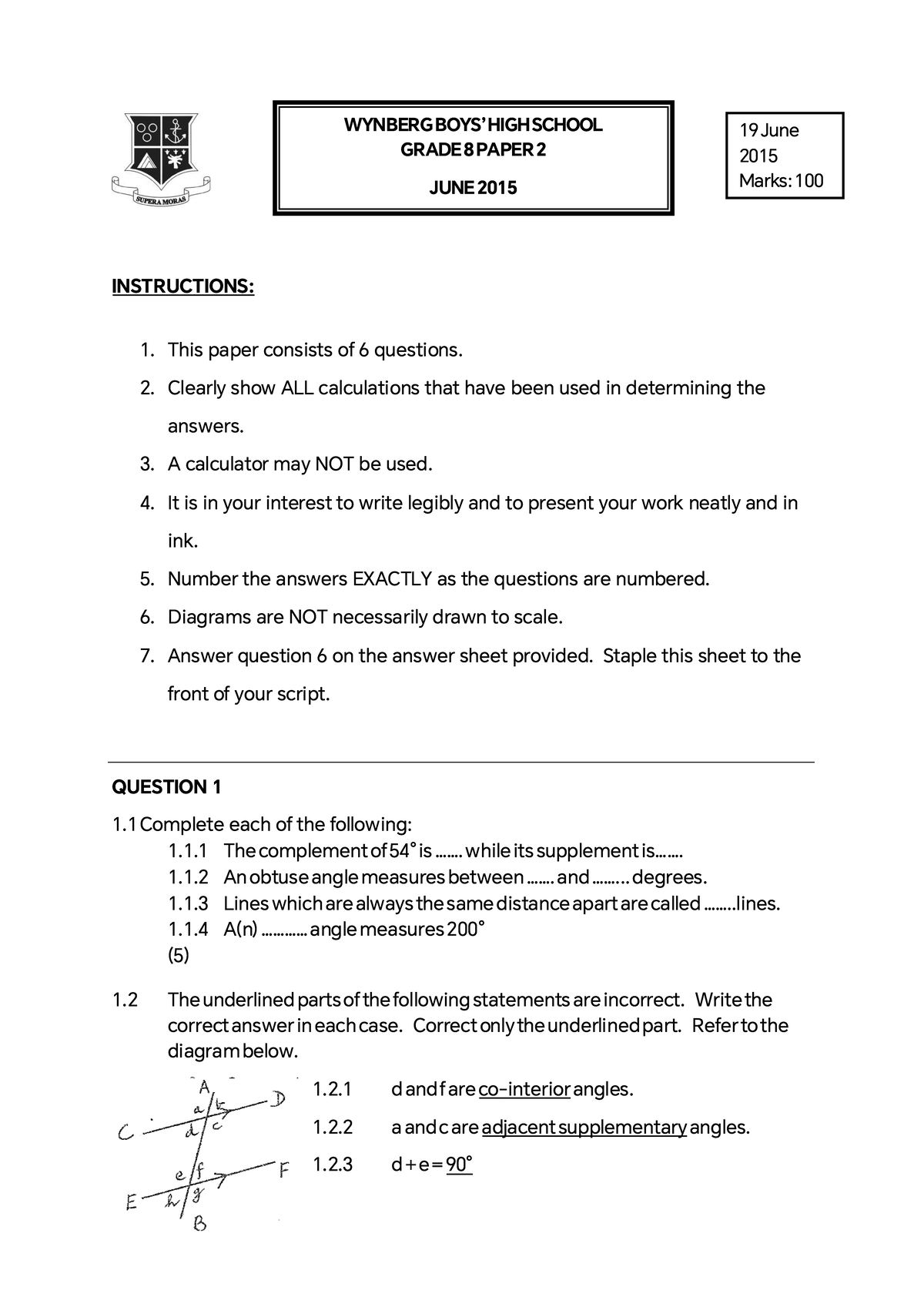 Grade 8 Mathematics Paper 2 - June 2015 Exam (WBHS8J2) - Studocu