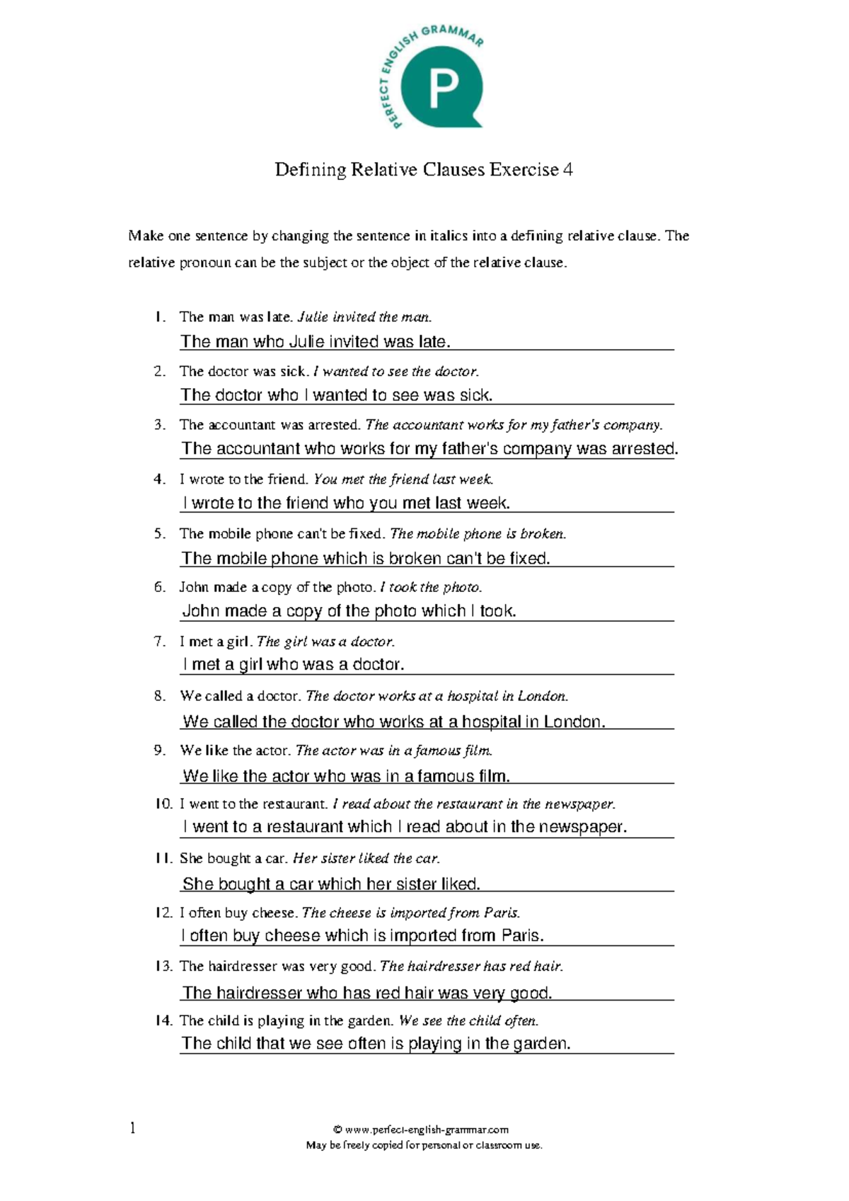 Relative Clauses Exercise 4-2: Transforming Sentences with Defining ...