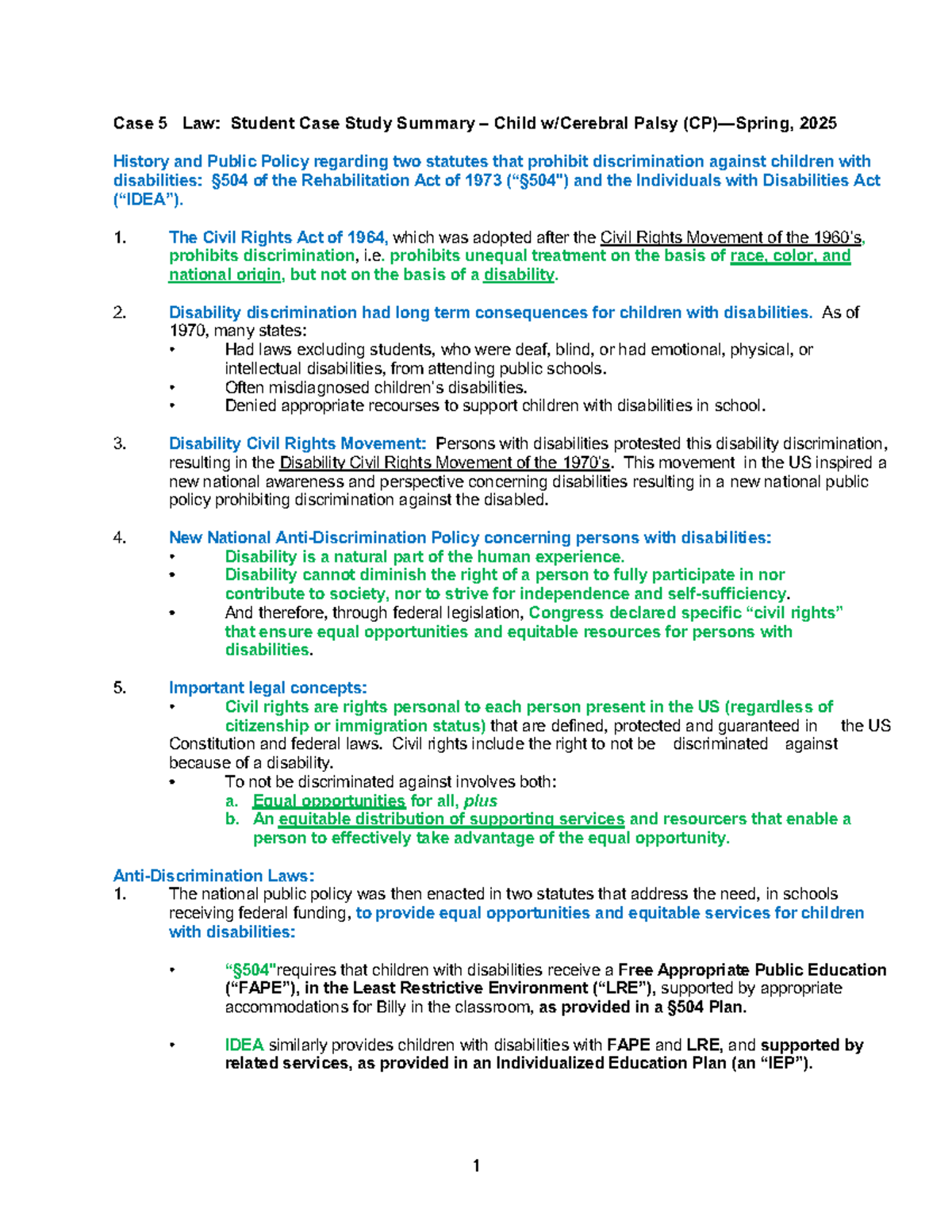 Law Case Study Summary: Disability Rights & Education, Spring 2025 - 1 ...