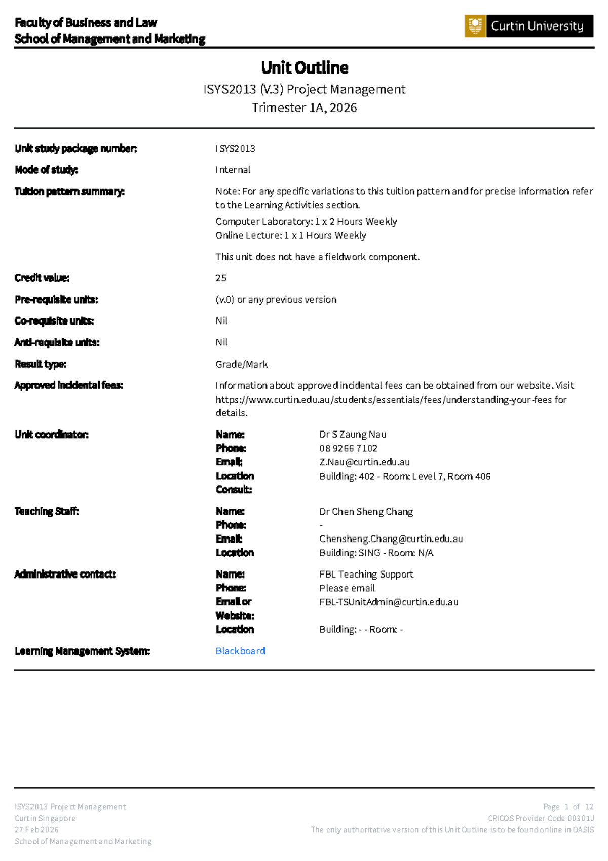 ISYS2013 Project Management Unit Outline - Trimester 1A, 2026 - Studocu