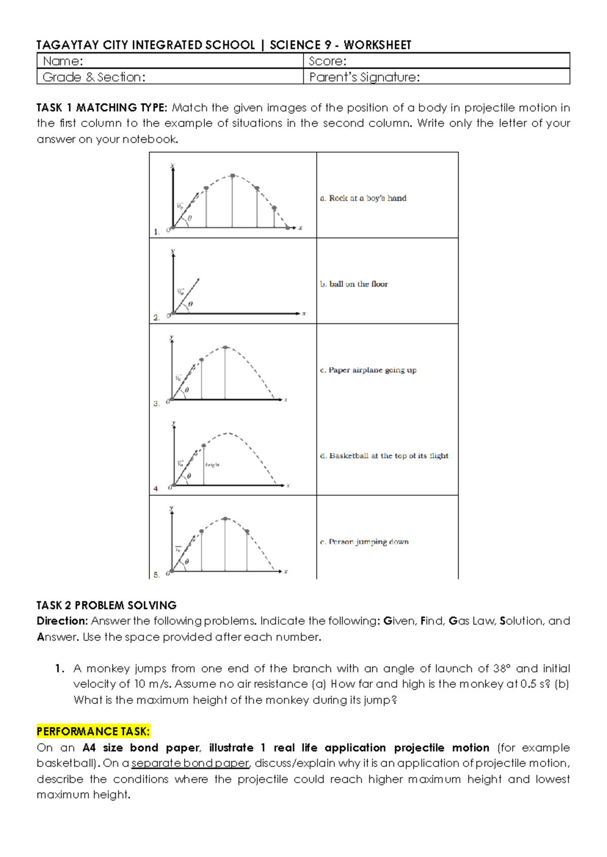 Projectile Motion Worksheet - Grade 9 Science 9 - Studocu