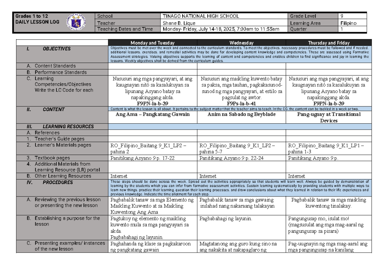 Grades 9 Filipino Daily Lesson Log (DLL) - Week 4, Q1 2025 - Studocu