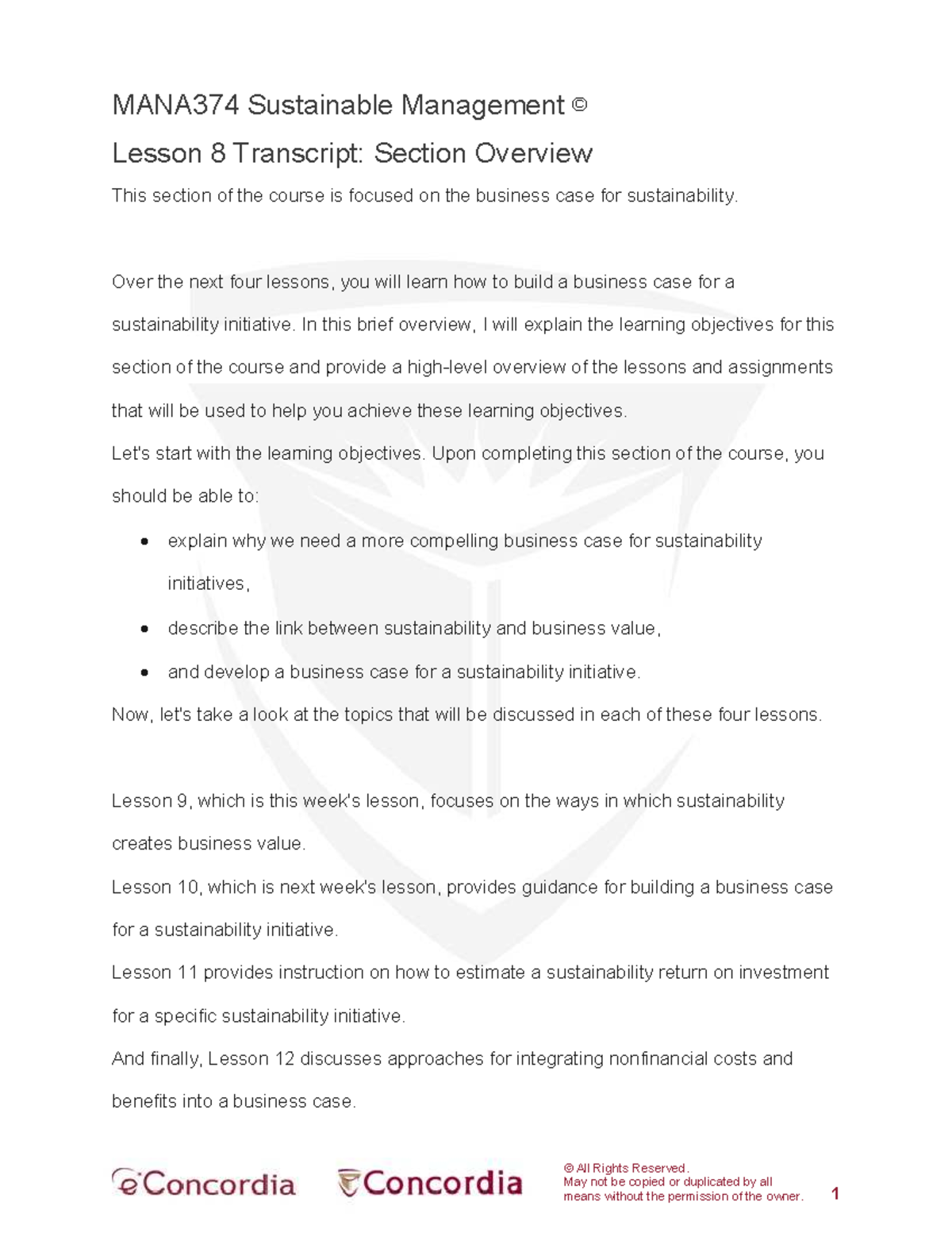 MANA374 Sustainable Management Lesson 8: Creating Business Value ...