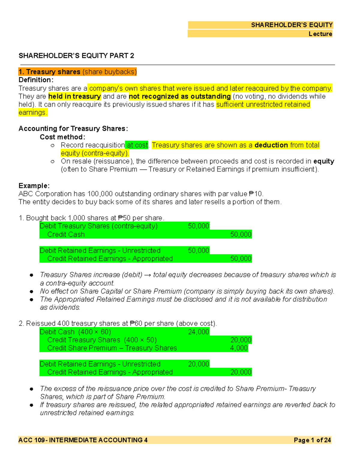 EQUITY Lecture: Understanding Treasury Shares and Shareholder's Equity ...