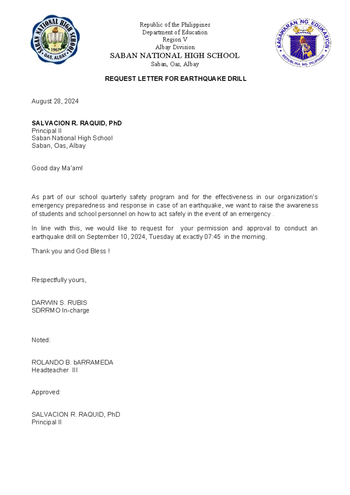 Request for Earthquake Drill Approval Letter 082724 - Studocu