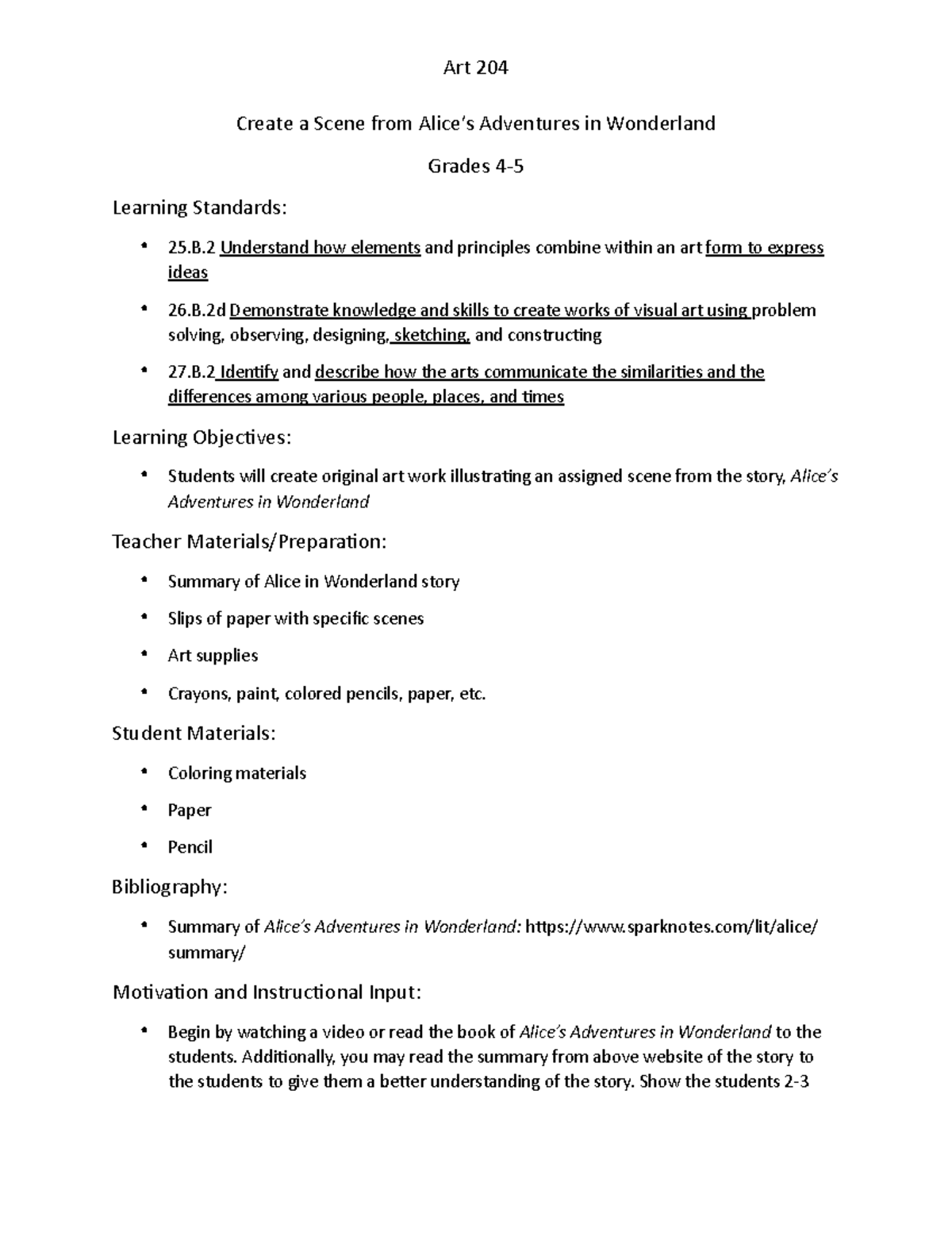 Art 204: Lesson Plan on Creating Scenes from Alice's Adventures - Studocu