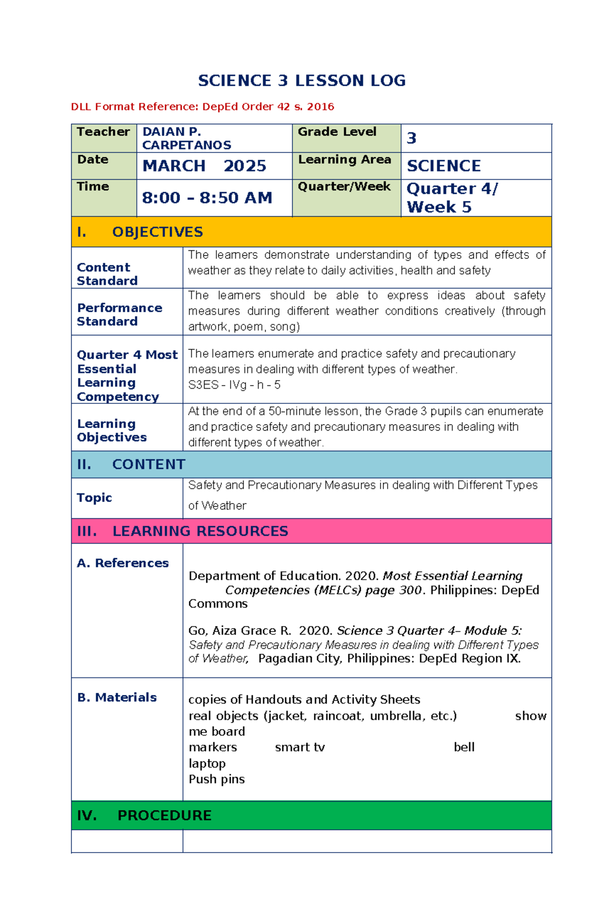 Science 3 Lesson Plan: Safety Measures for Weather (4th Quarter) - Studocu