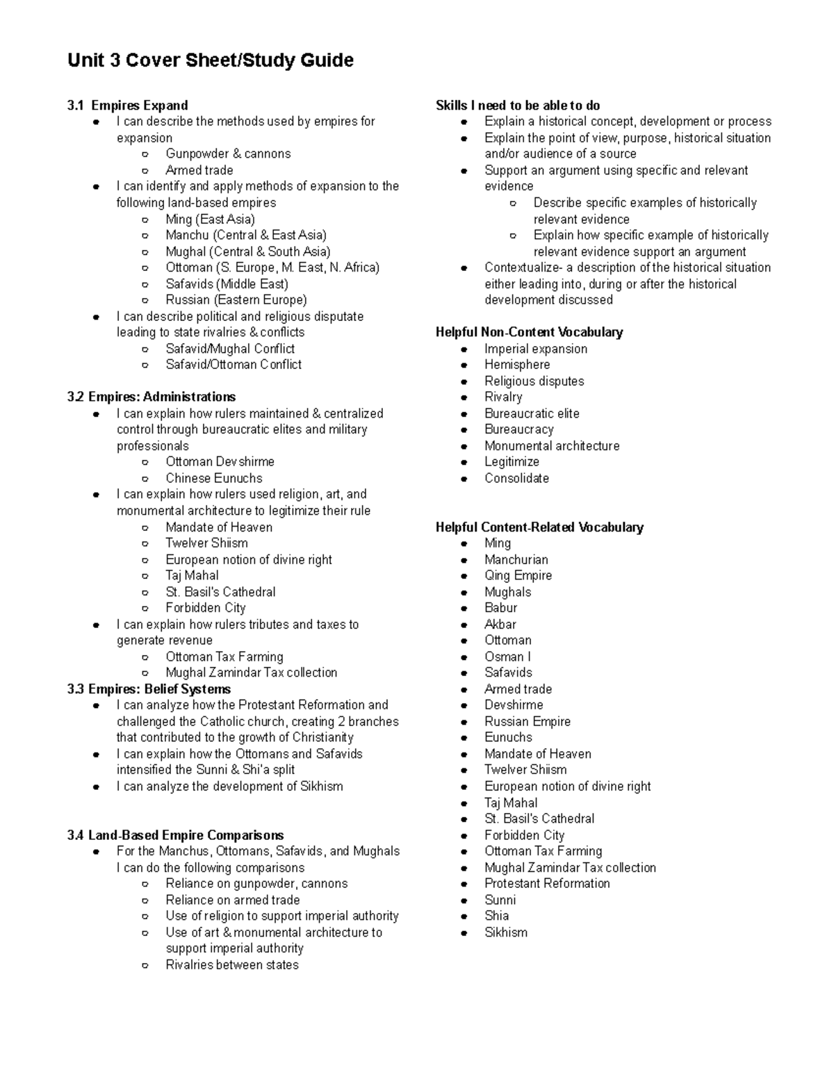 Unit 3 Cover Sheet Study Guide - Copy - Unit 3 Cover Sheet/Study Guide 3 Empires Expand I can ...