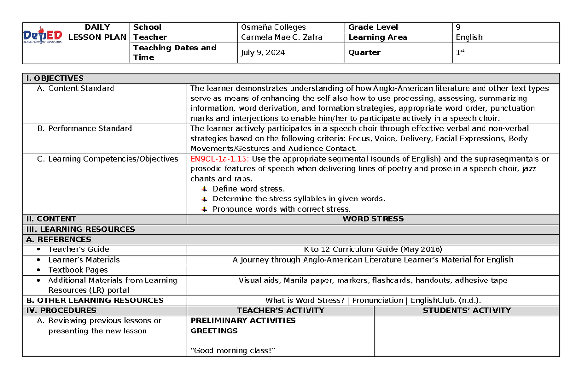 Grade 9 English DLP - Comprehensive Lesson Plan on Word Stress - Studocu
