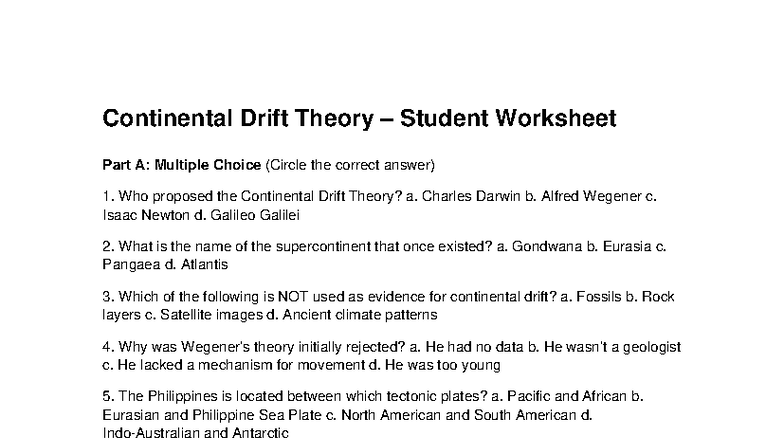 Continental Drift Theory Worksheet - Continental Drift Theory – Student ...
