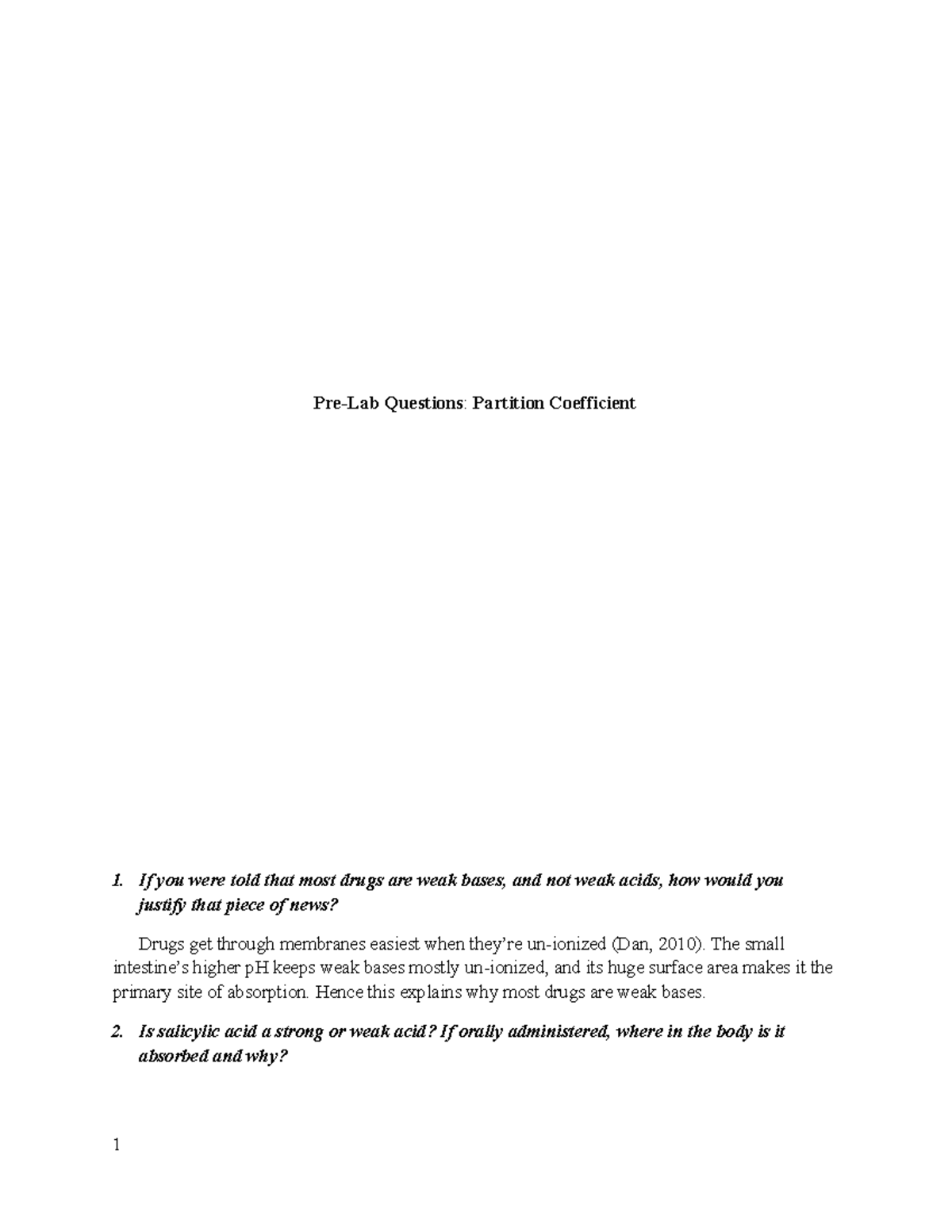 Pre-Lab Questions: Partition Coefficient Analysis - Studocu