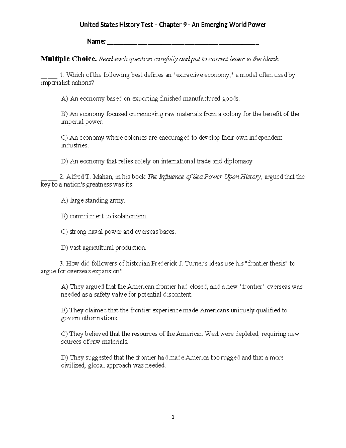 U.S. History Test (Chapter 9): An Emerging World Power - Review Guide ...