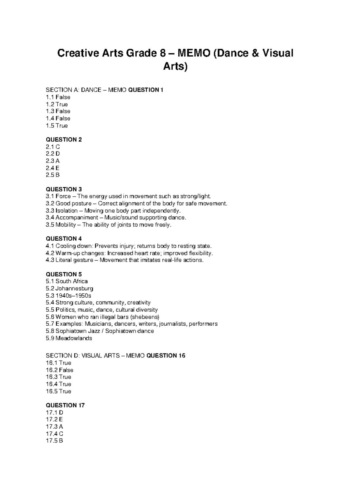 Creative Arts Grade 8 MEMO: Dance & Visual Arts Insights - Studocu