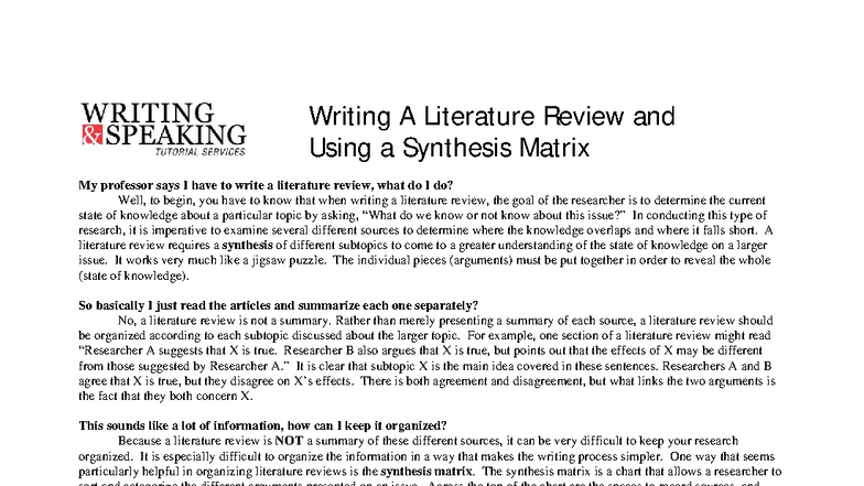 Synthesis-matrix - reading - Writing A Literature Review andUsing a ...