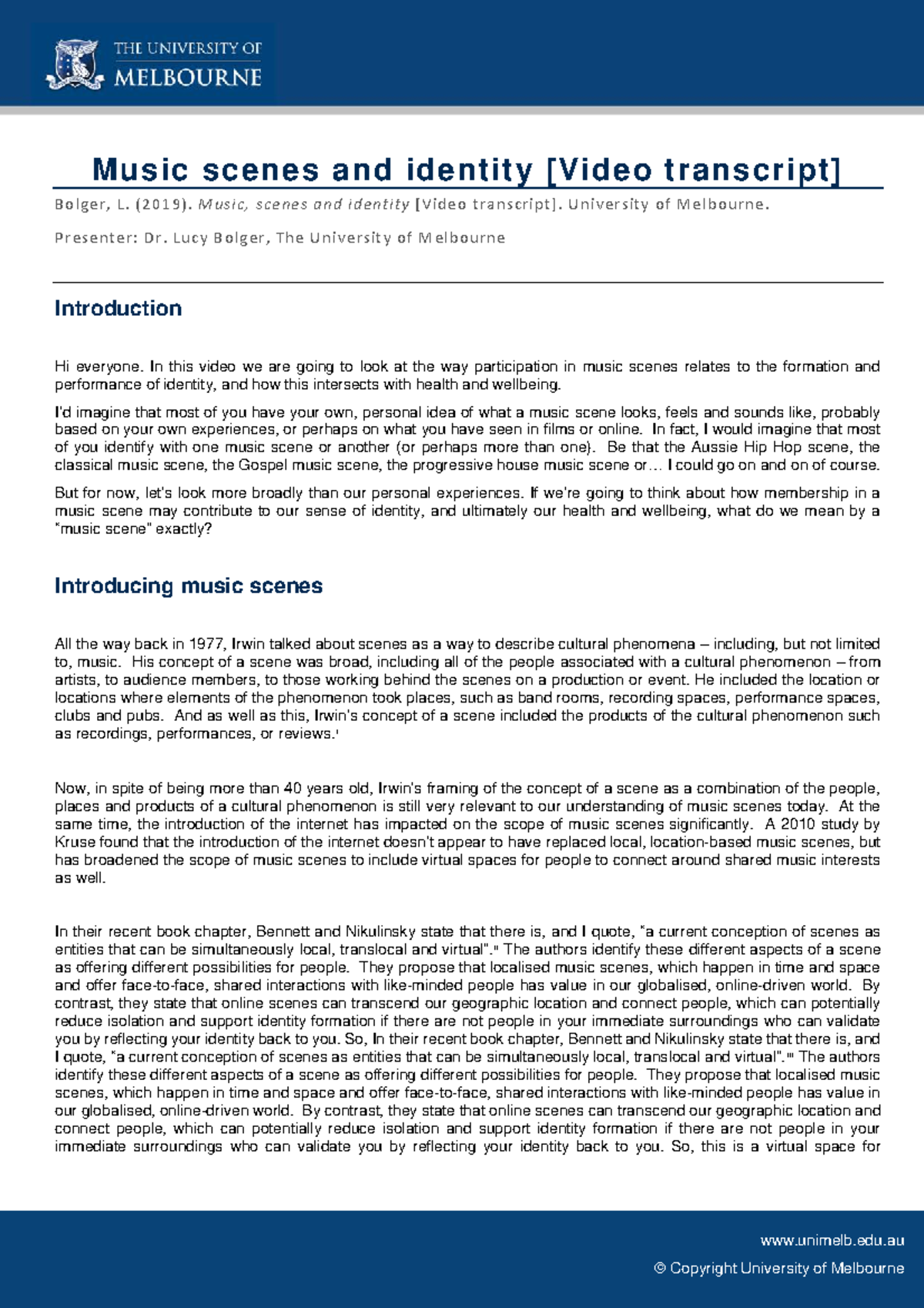 MUSI2015 Music Scenes and Identity: Exploring Social Dynamics and ...