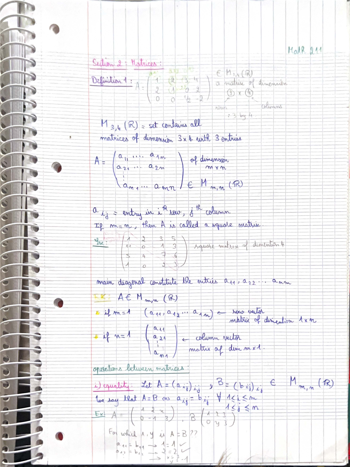 Math 211 Section 2: Matrix Definitions and Operations - Studocu