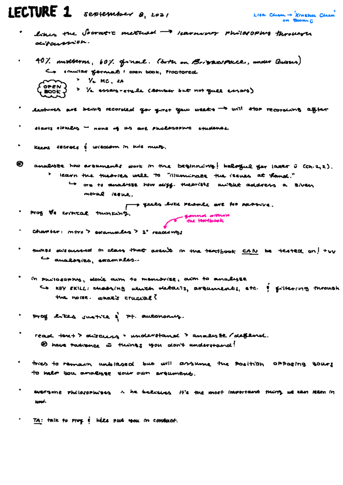 Bioethics lecture notes - LECTURE 1 September 8 , 2oz , Lisa Chen → ...