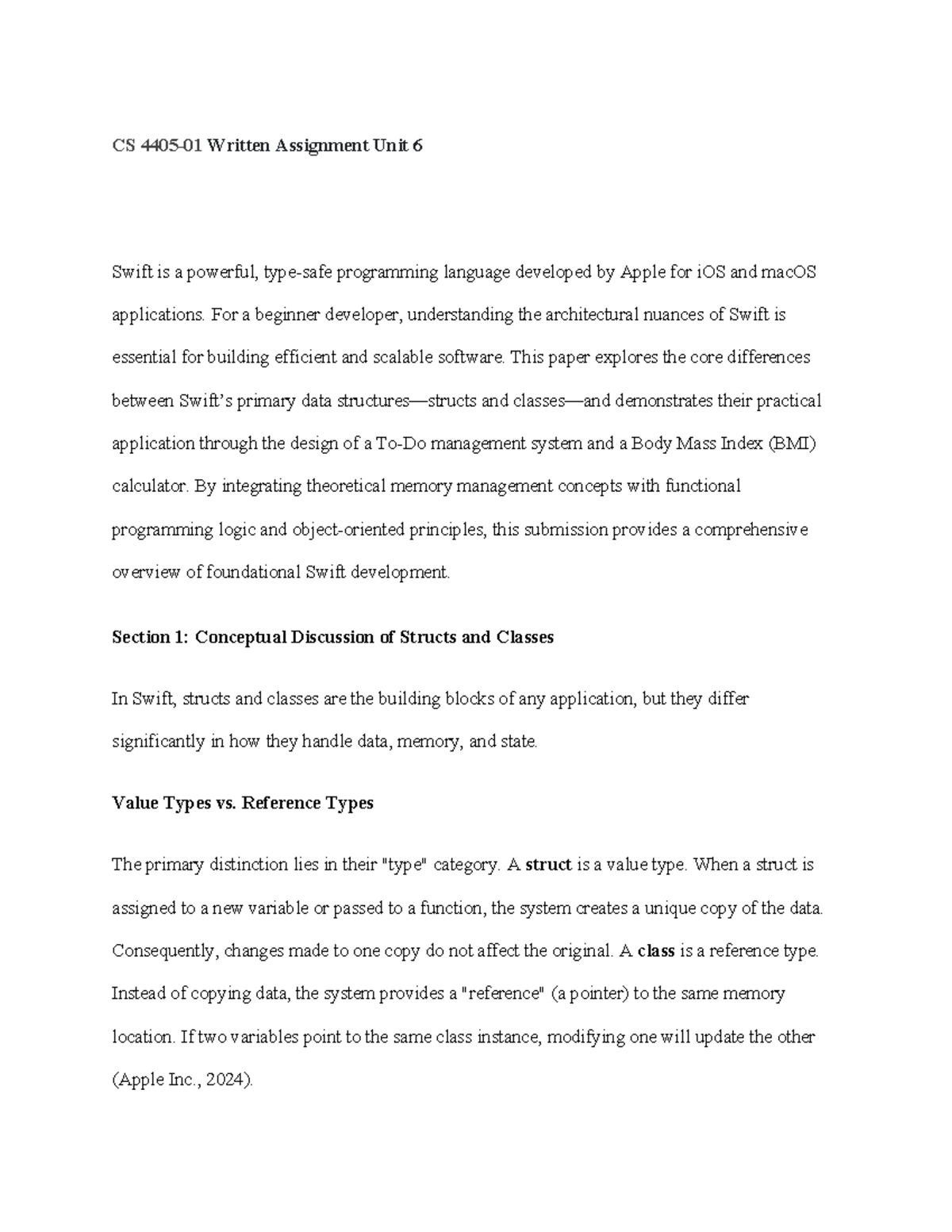 CS 4405-01 Written Assignment: Understanding Swift Structs vs. Classes ...