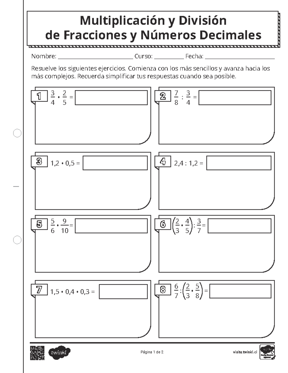 Guía de trabajo sobre multiplicación y división de fracciones y ...