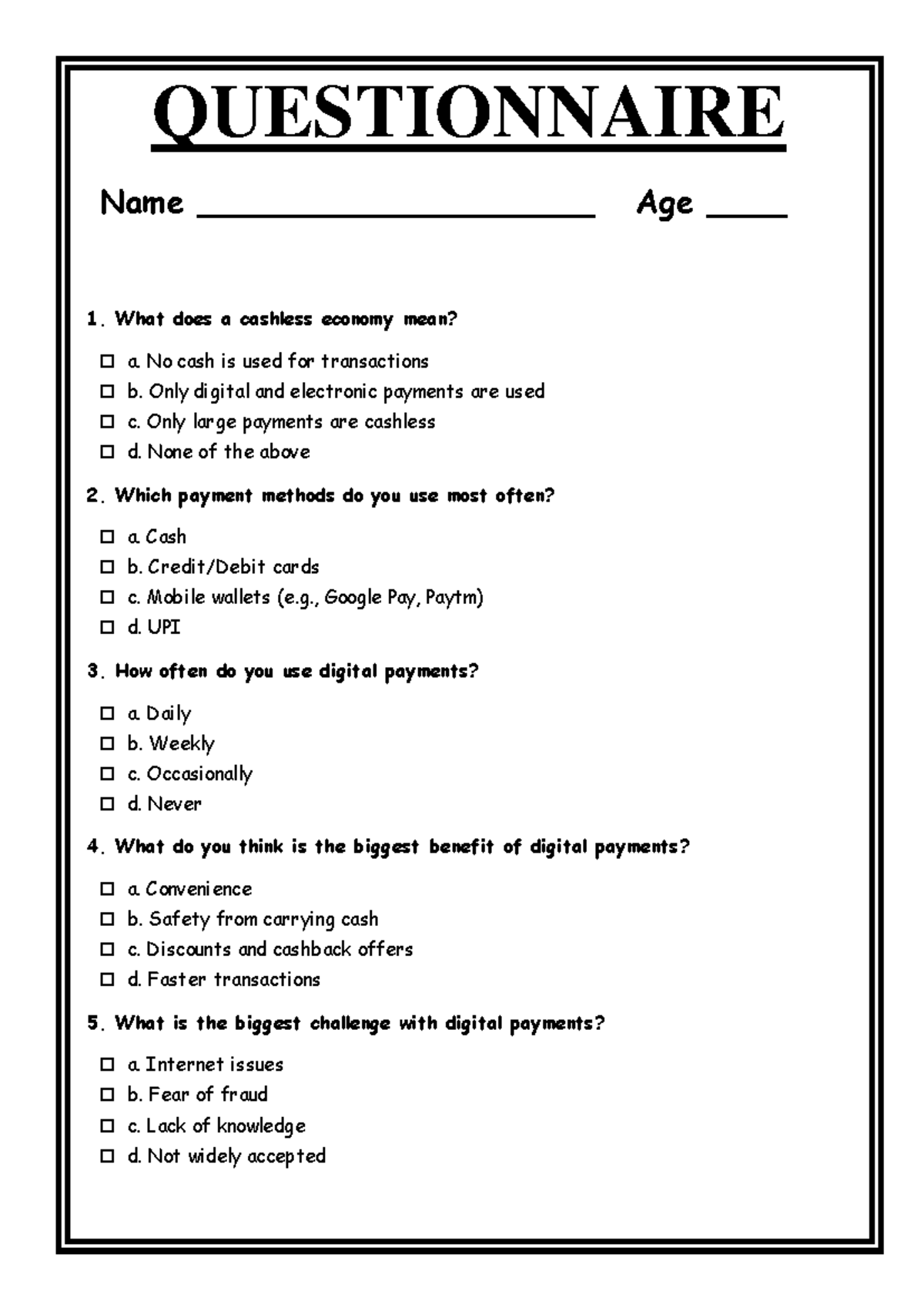 Questionnaire on Cashless Economy: Insights into Digital Payments - Studocu