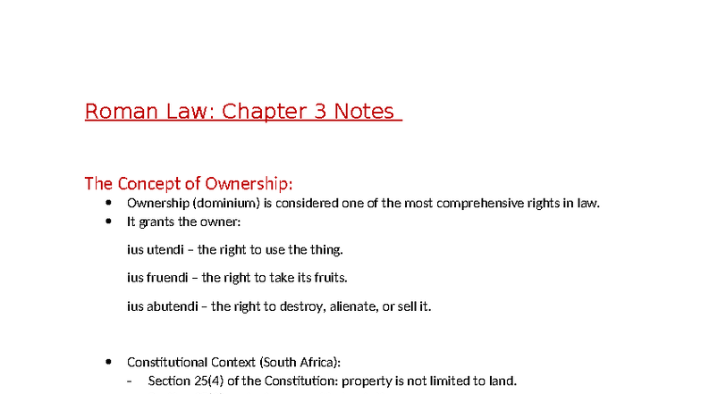Roman Law (LAW101): Chapter 3 Notes on Ownership Concepts - Studocu