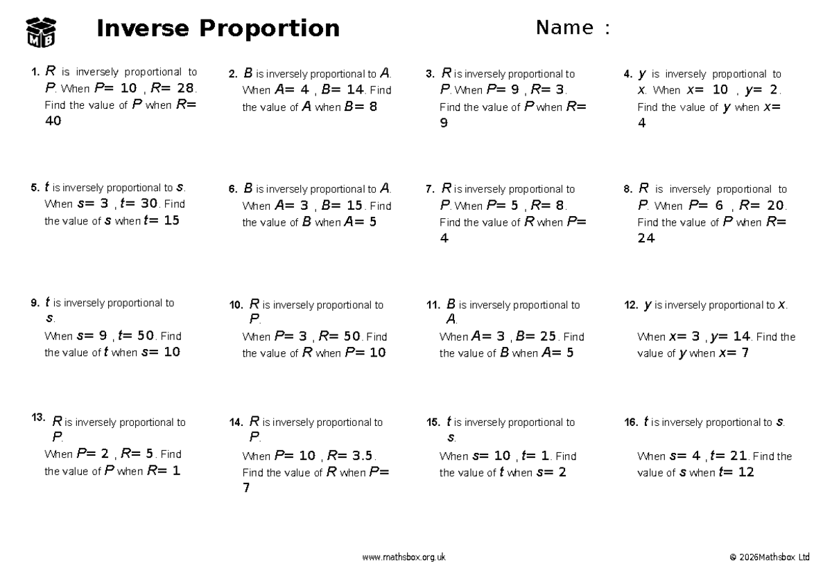 Inverse Proportion: 20 Questions for Practice - Studocu