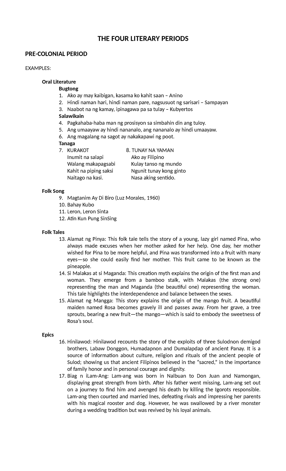 Pre-Colonial Literature: Overview of Oral Traditions and Epics - Studocu